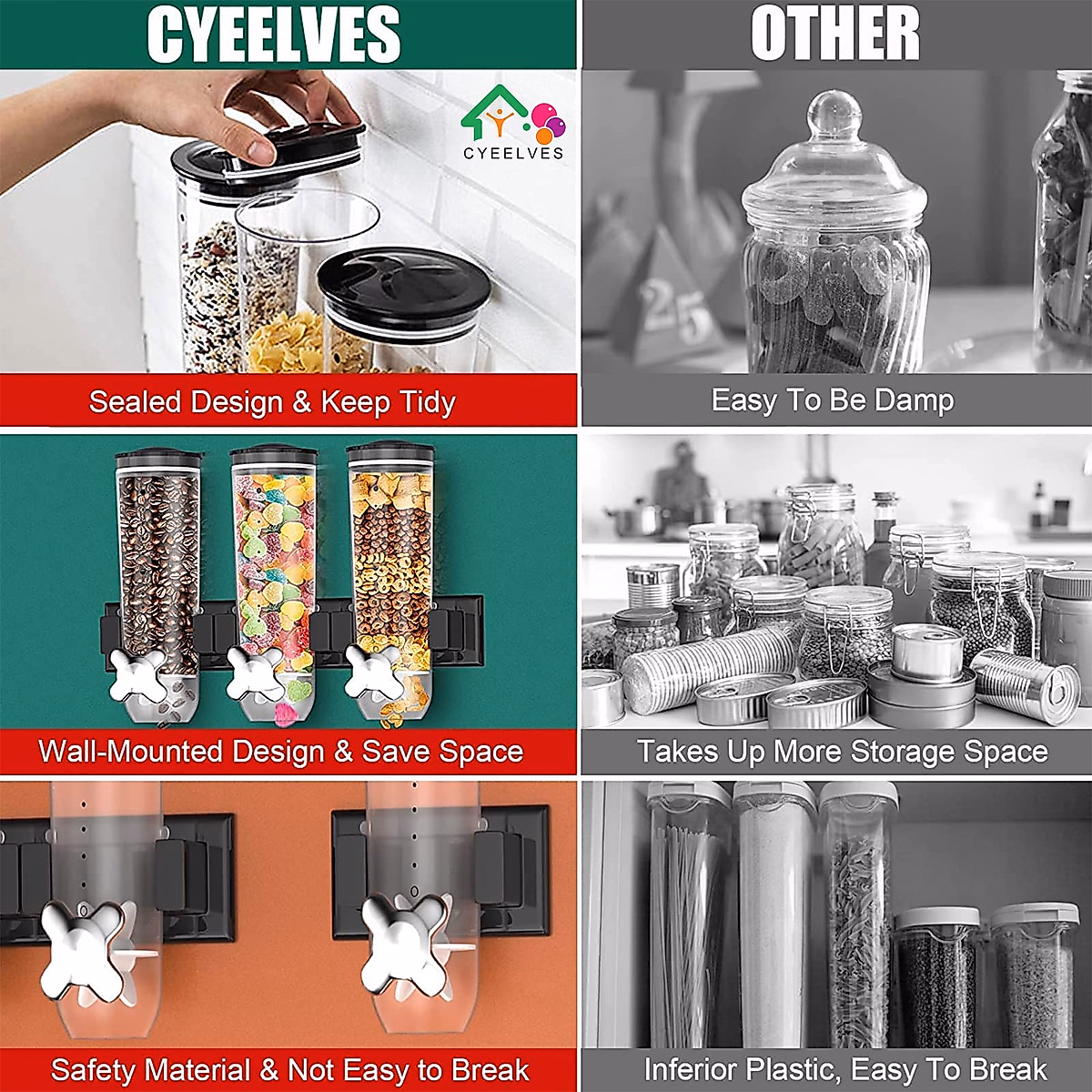 Cereal Dispenser Wall Mounted, Triple Dry Food Dispensers, Grain Dispenser Wall Mount Candy Dispenser, Snack Dispenser for Store Oatmeal Coffee Bean Nuts, Wall Kitchen Food Container with 3 Cups, 4.5L