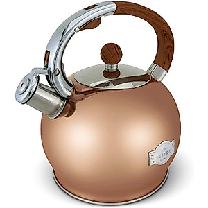 ELITRA HOME Stove Top Whistling Fancy Tea Kettle Stainless Steel Tea Pot with Ergonomic Handle 2.7 Quart / 2.6 Liter (ROSE GOLD)