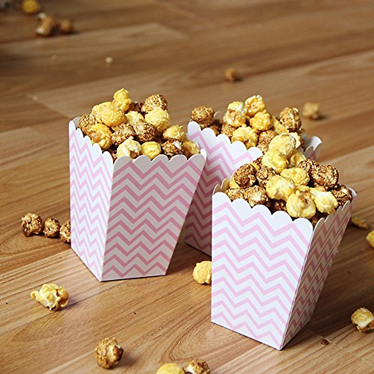NUIBY Popcorn Boxes, Pink Trio (36 Pack) Polka Dot, Chevron, Stripe Treat Boxes - Small Movie Theater Popcorn Paper Bags for Dessert Tables & Wedding Favors