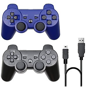 Rzzhgzq 2 Pack PS3 Wireless Controller Playstation 3 Controller Wireless Bluetooth Gamepad with USB Charger Cable for PS3 Console (Black+Blue)