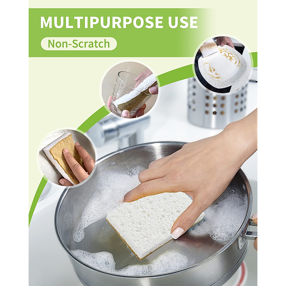 Biodegradable Natural Kitchen Sponge 12Pack, Compostable Cellulose and Coconut Walnut Scrubber Sponge