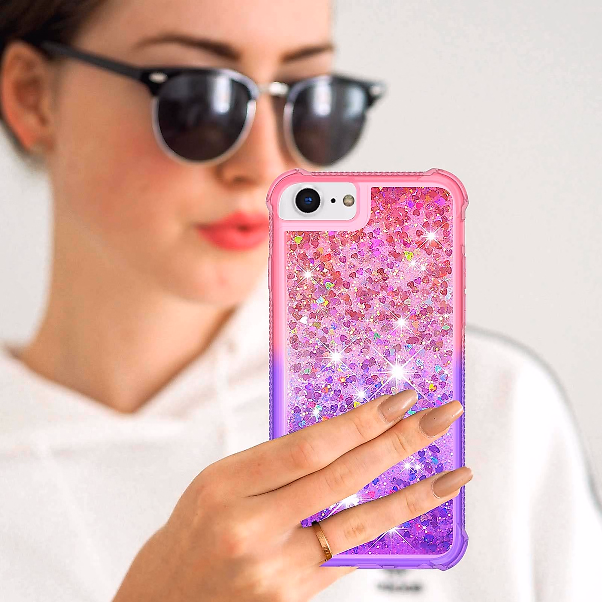 CAIYUNL for iPhone SE Case 2022/2020, iPhone 8 Case, iPhone 7 Case with Screen Protector, Women Girls Cute Glitter Bling Floating Liquid Soft TPU Silicone Shockproof Protective Phone Case -Pink/Purple