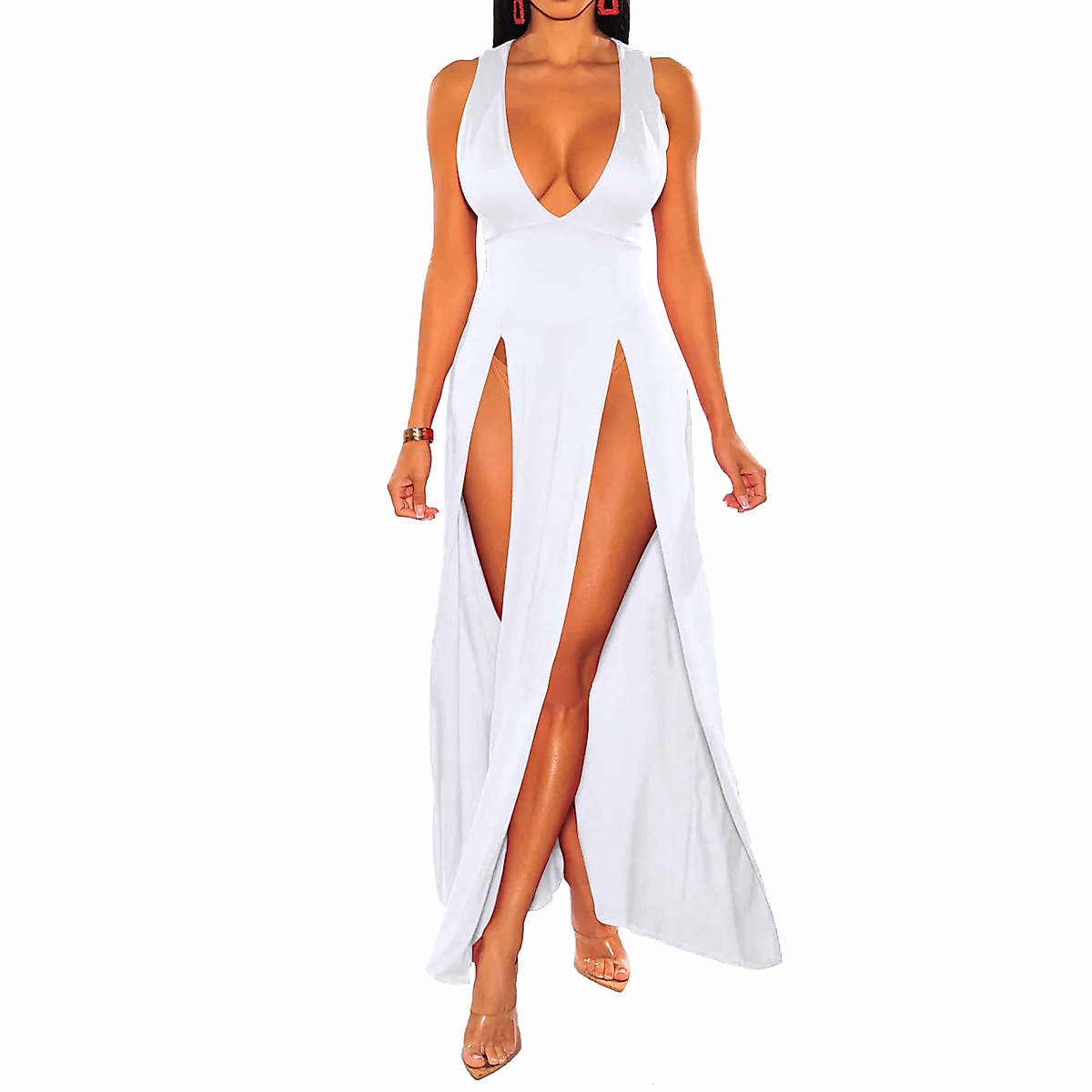 Women's Sexy Sleeveless High Side Split Bodycon Deep V Neck Bandage Dress Party Club Maxi Dresses White