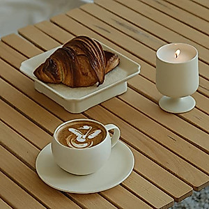 WENSHUO Egg Shape Coffee Mug, Round Teacup with Saucer, Matte Crème, 8oz