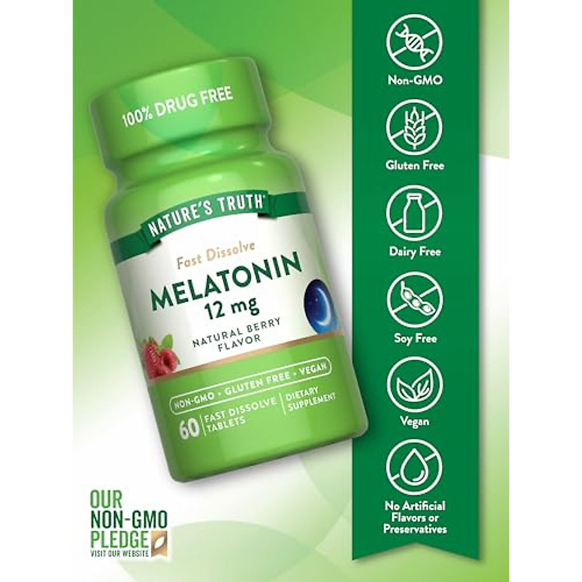 Melatonin 12mg | 60 Fast Dissolve Tablets | Natural Berry Flavor | Vegan, Non-GMO & Gluten Free | by Nature's Truth