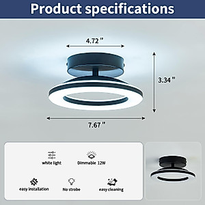 SHIKHO Modern Led Ceiling Light Fixture Black 7.7Inch Round Semi Flush Mount Ceiling Light 12W 6000K Indoor Small Ceiling lamp for Closet Hallway Bathroom Porch Bedroom Kitchen