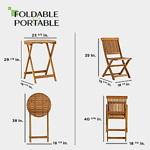 IDZO Heavy Duty 400lbs Capacity Acacia Wood 3 Piece Outdoor, Folding Bistro Set w/Cushion, Round Table, Teak Finish