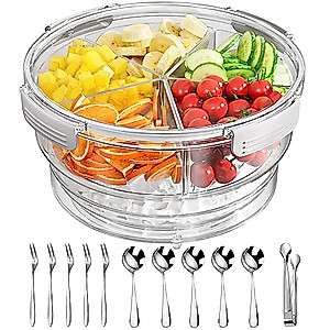 caktraie Condiment Tray [with 360° Rotating Tray Turntable] Stainless Steel 5 Spoons, 5 Forks and 1 Clip, Bar Ice Fruit Holder, Condiment Server, Compartment Tray with Lid