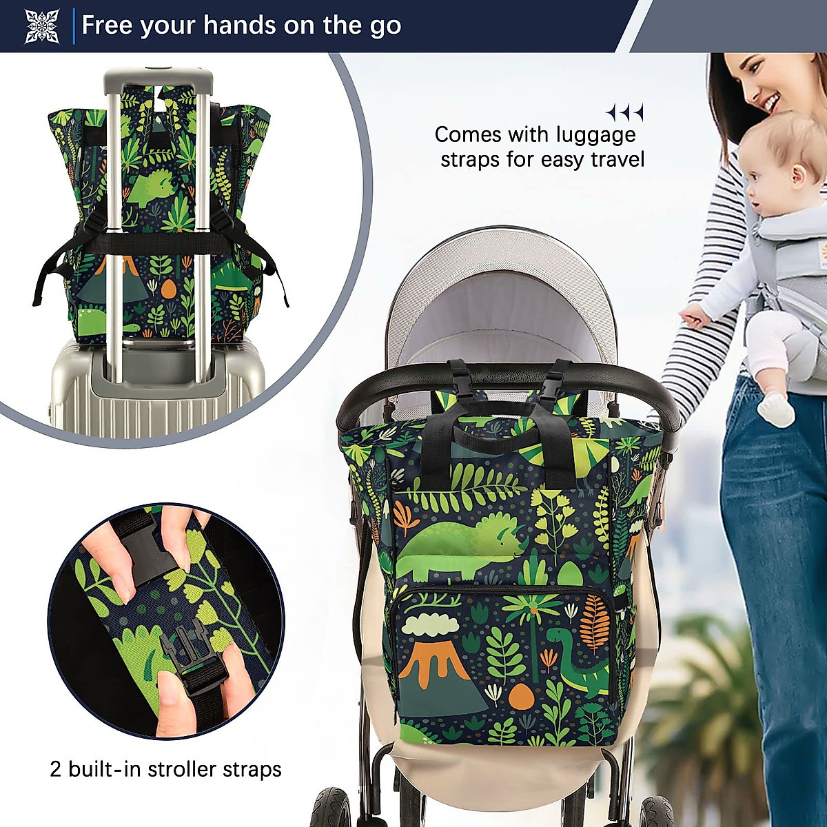 Vnurnrn Cute Hand Drawn Dinosaurs Diaper Bag Backpack Large Capacity Baby Bag Durable Diaper Bag Organizer with Insulated & Pockets Stroller Straps for Shopping Woman Hospital