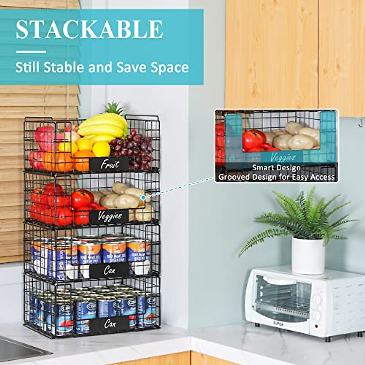 4 Pack XXL Stackable Wire Baskets with Handles for Pantry Storage and Organization,Fruit and Vegetable Basket with Name Plates,Metal Storage Bins for Snack Can Fruit Veggies