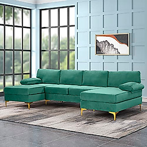 Modern Large Velvet Fabric U-Shape Sectional Sofa, Double Extra Wide Chaise Lounge Couch with Gold Legs