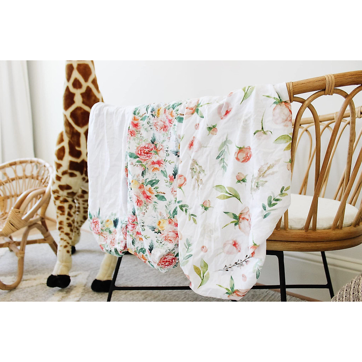 NODNAL CO. 3 Fitted Bassinet Sheets Set for Baby Girl - 100% OEKO-TEX Cotton Peonies & Roses - Pink Floral Boho Flowers - Cradle/Moses Basket, Hourglass, Oval, Rectangle Mattress Nursery Bedding Sheet