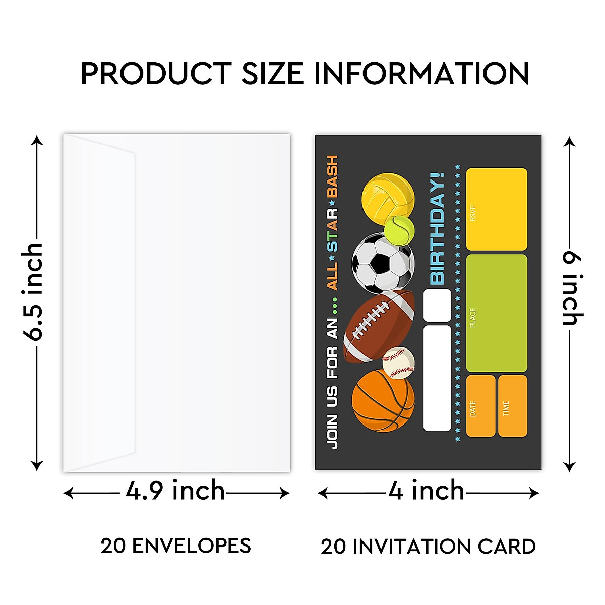 25 All Star Sport Birthday Party Invitations Cards with Envelopes, Basketball Baseball Football Party Invitations, Birthday Celebration Supplies, Double-sided Fill-in bday Invites for Boys Girls- A01