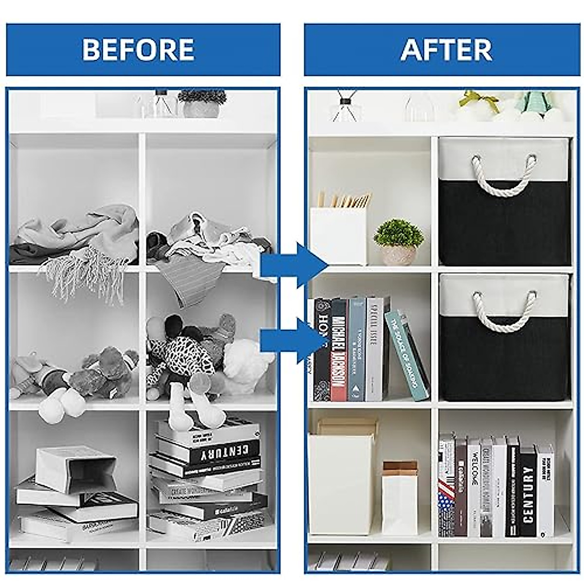 KITCSTI Storage Baskets for Organizing Fabric Organizer Bins Cubes 13"x13"x13" Foldable Cloth Storage Bins with Handle Closet Baskets for Towels Toys Books (White&Black, Pack of 3)