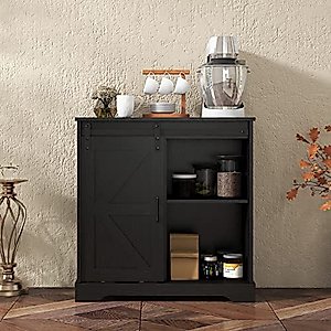 Panana Sliding Barn Door Buffet Sideboard Storage Cabinet Coffee Bar Kitchen Farmhouse Style (Black)
