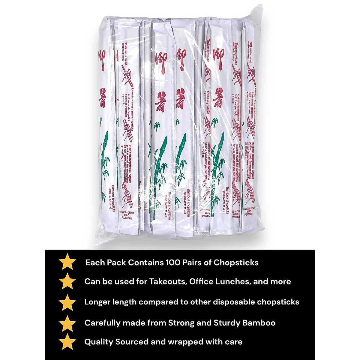 Chinese Bamboo Disposable Chopsticks - Pack of 100 Pairs, 9" long, Has Directions on the Back of Each Pair! Great for Everyone and Food Service Customers!