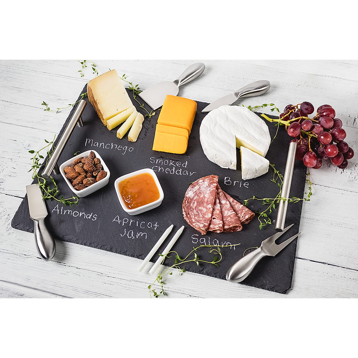 Slate Cheese Board Set with Handles | 9 pcs - 12" x 16" Serving Tray, Stainless Steel Cheese Knife Set with Ceramic Bowls + Soapstone Chalk