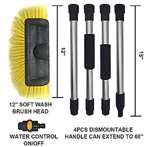 Sengo Car Wash Brush with 12'' Lock Type No Loose No Rotate Soft Bristle Brush and 60'' Dismountable Pole with on/Off Switch for Maximum Cleaning