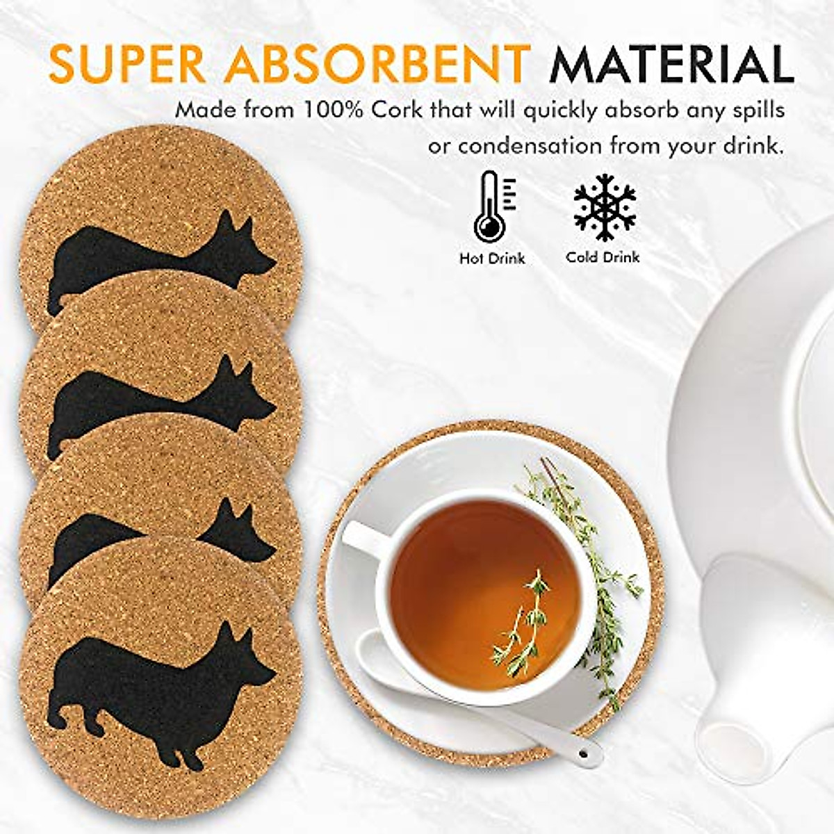 Corgi Dog Gift Cork 4 Pack Drink Coasters Set - Kitchen Bar Table Decor - Perfect Decoration for Puppy Dog Lovers