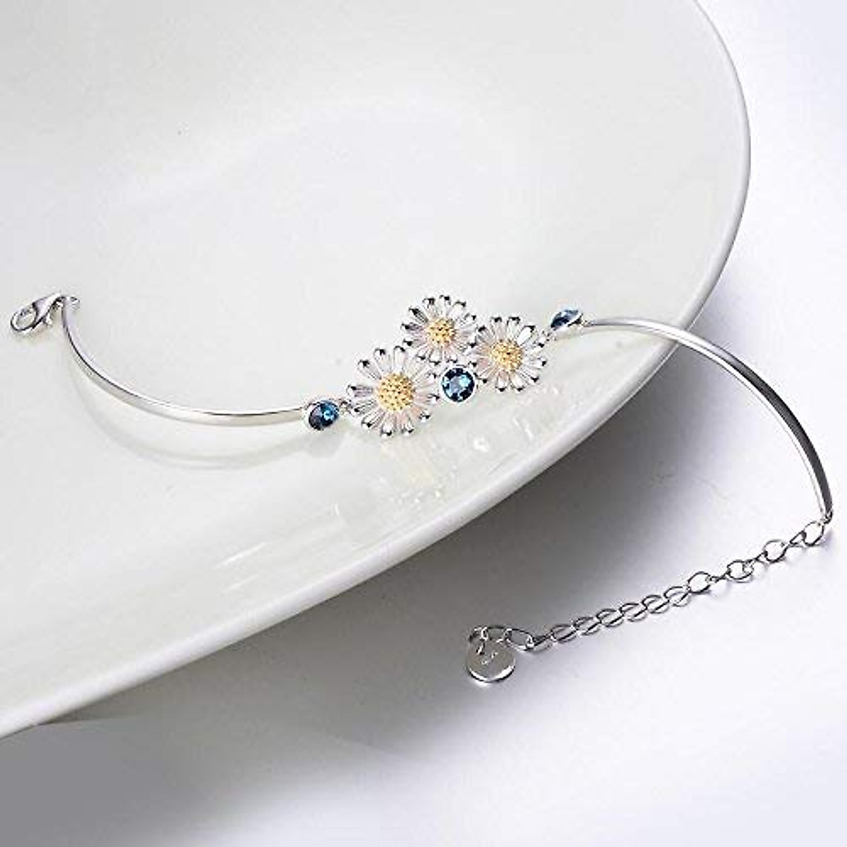 YAFEINI Daisy Bracelet 925 Sterling Silver Daisy Flower Bangle Bracelets for Women Jewelry Gifts