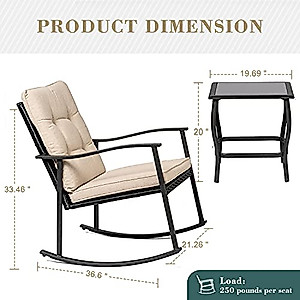 Oakmont 3-Piece High Back Outdoor Rocking Chair Patio Furniture Bistro Sets 2 Chairs with Glass Coffee Table, All-Weather Steel Frame(Black)