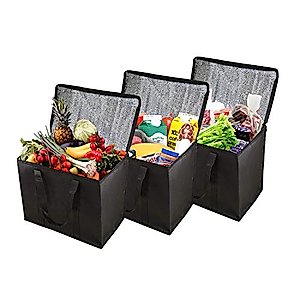 Houseables Insulated Bags, Reusable Groceries Tote, Thermal Shopping Bag, 3 Pack, Black, 16" x 13" x 9", Extra Large (XL), Refrigerated Grocery Delivery, Hot, Cold, Frozen Foods Cooler, With Zipper