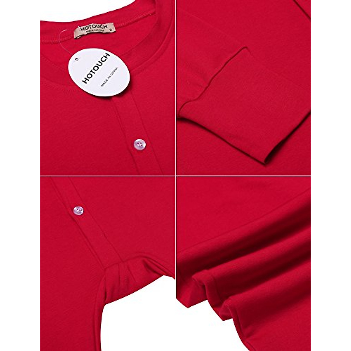 HOTOUCH Round Neck Long Sleeve Onesie Pajamas Solid Button Down Jumpsuit Bodysuit Red XL