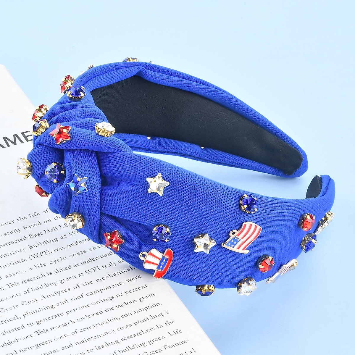 ABONDEVER Patriotic Rhinestone Knotted Headband Headbands for Women Crystal Wide American Flag Top Knot Headband 4th of July Independence Day Hair Accessories Holiday Gifts(Blue-Star)