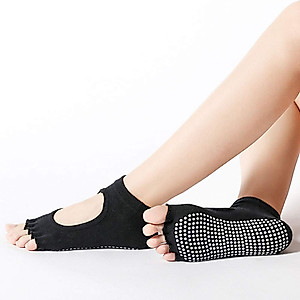 Vanktion 2 Pairs Toeless Yoga Socks Non-Slip Grips for Pilates Ballet Dance Barefoot Workout Cotton Open Toe Women Sports Socks (Black & Grey)
