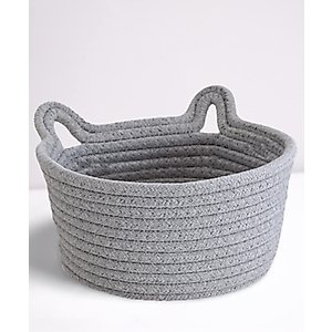 Cafshion Small Toy Basket with Cat Ears, Cute Basket Toy Organizer with Handles Woven Cotton Rope Basket Decorative Basket Nursery Bins & Boxes Gift Basket Empty for Baby Pet Toy Storage