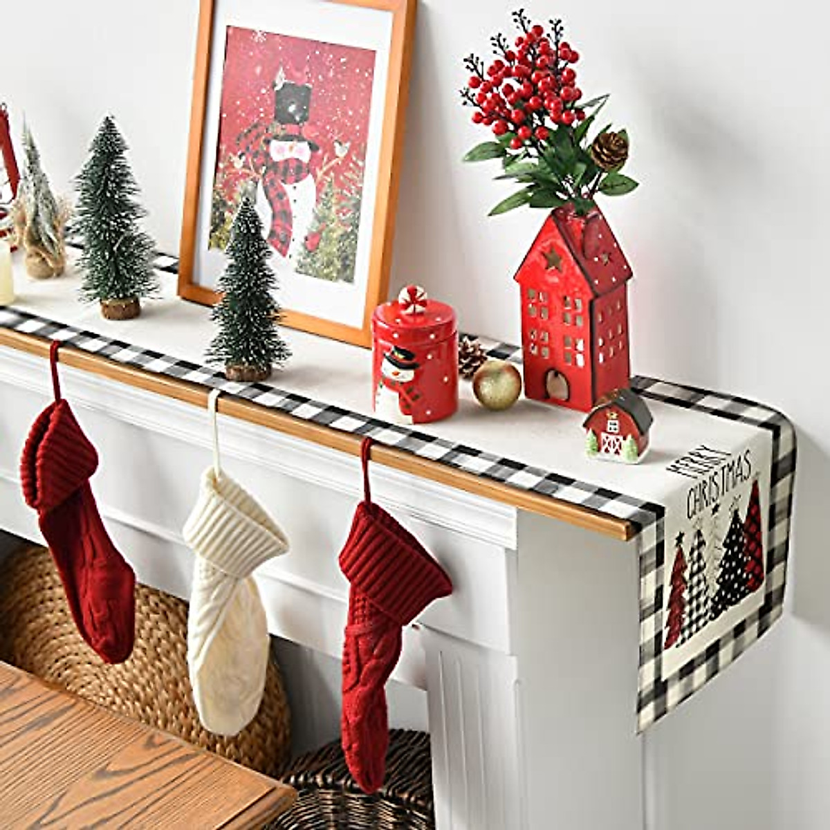 Artoid Mode Waterclor Buffalo Plaid Christmas Trees Merry Xmas Table Runner, Seasonal Winter Holiday Kitchen Dining Table Decoration for Indoor Outdoor Home Party Decor 13 x 72 Inch