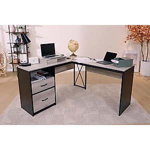 Bestier Lift Top L Shaped Desk with File Drawer, 55'' x 55'' Office Desk with Reversible Storage Drawers and Computer Monitor Stand (Retro Grey Oak Light)