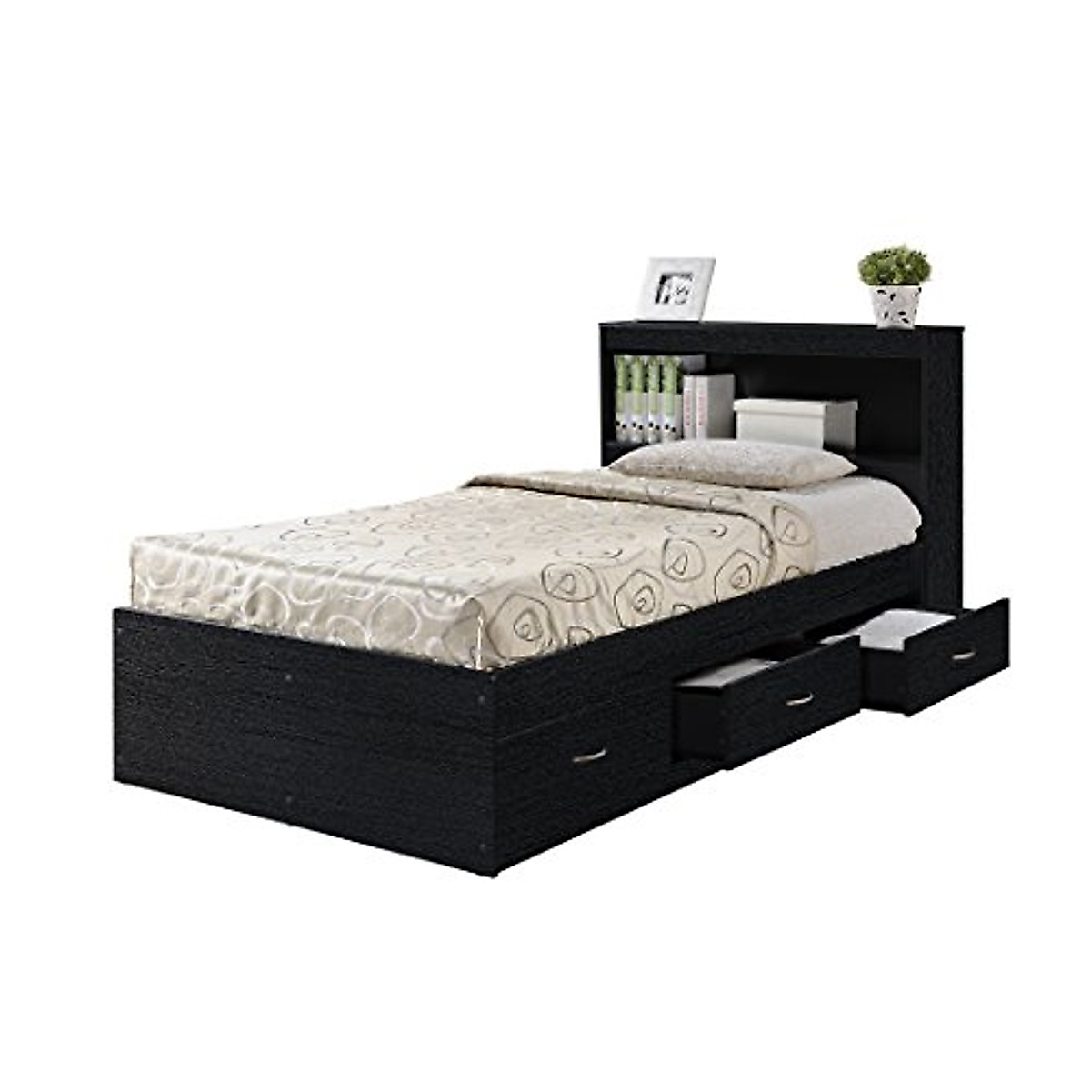 Hodedah Twin-Size Captain Bed with 3-Drawers and Headboard in Black, 85.6"L x 42.3"W x 39.2"H