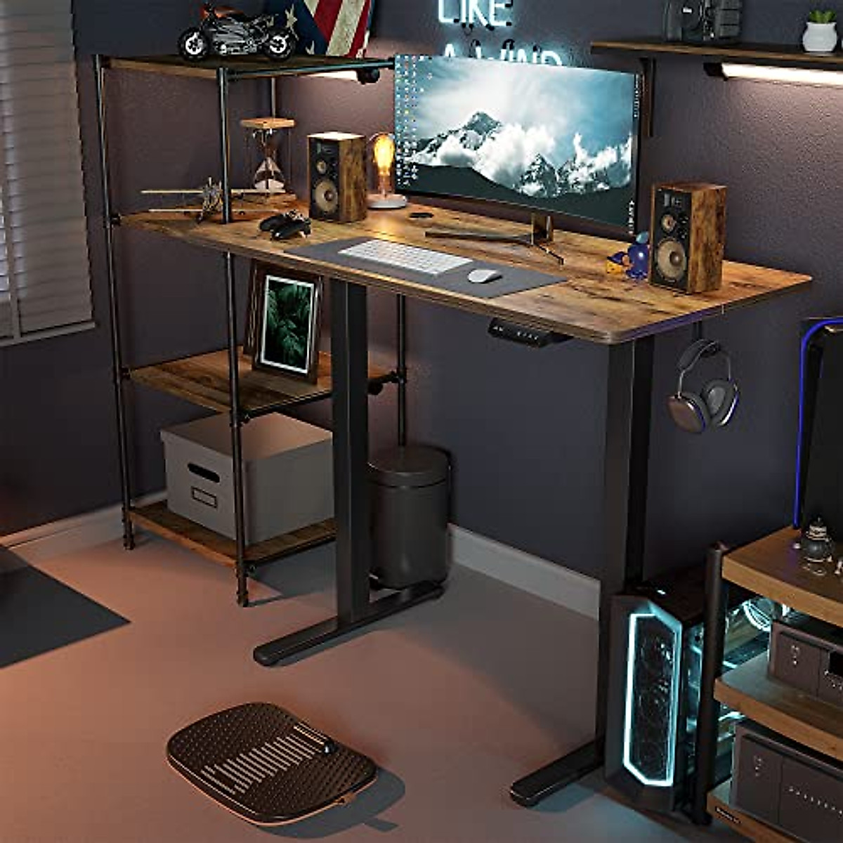 FEZIBO Height Adjustable Electric Standing Desk, 48 x 24 Inches Stand up Table, Sit Stand Home Office Desk with Splice Board, Black Frame/Rustic Brown Top