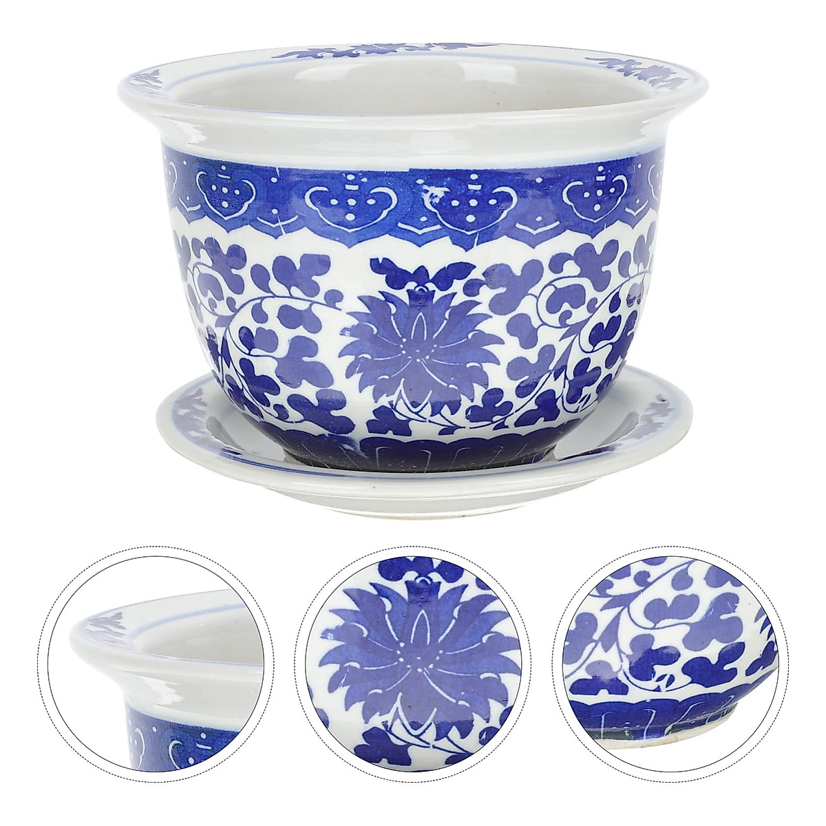 GANAZONO Ceramic Planter Blue and White Planter Flower Pots with Tray Porcelain Bonsai Pot Plant Container Planter for Home Office
