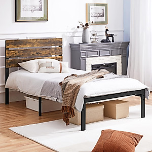 Yaheetech Twin Bed Frames Metal Bed with Modern Rustic Wooden Headboard, No Box Spring Needed/12'' Underbed Storage/Easy Assembly, Brown Twin Bed