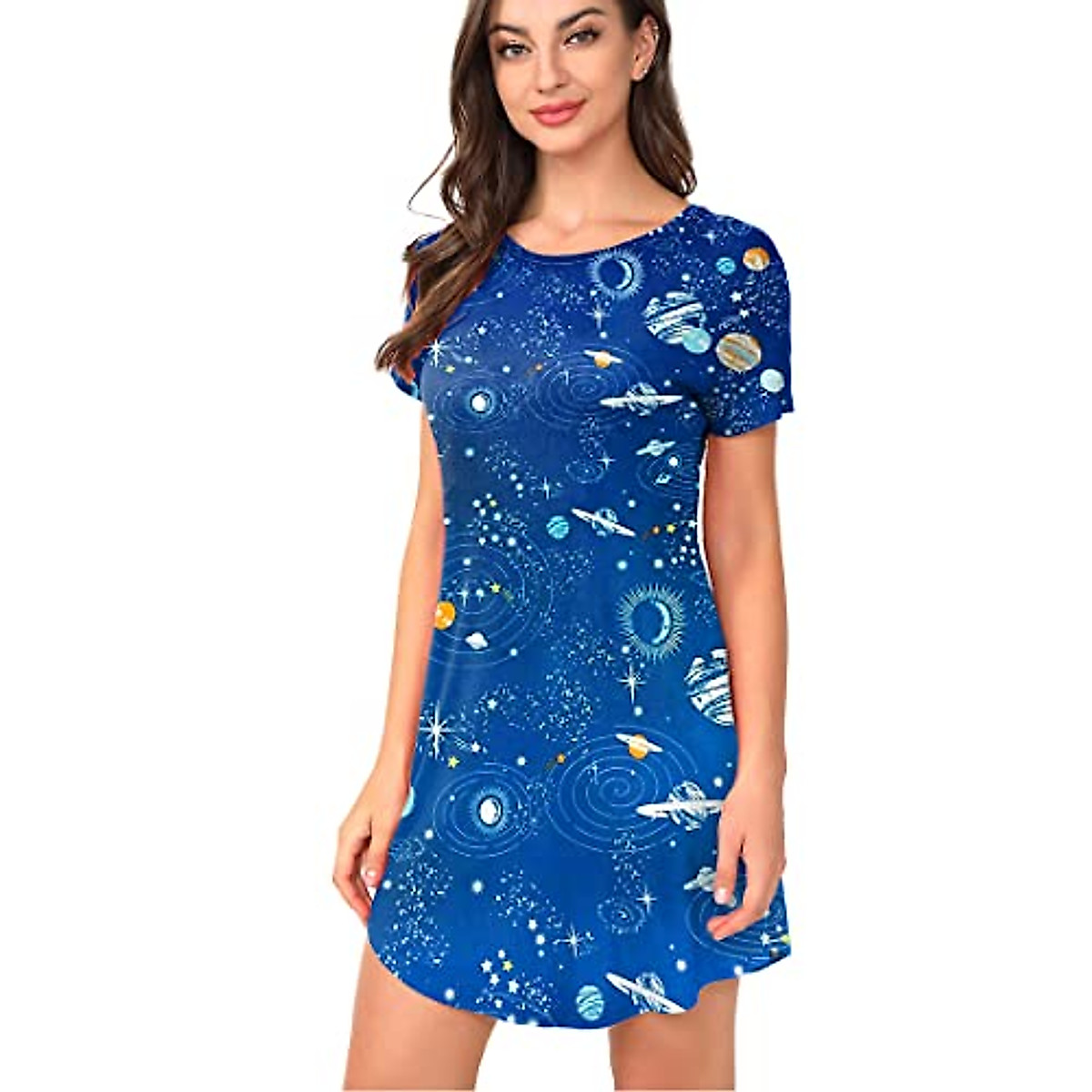 MINANUO Summer Short Sleeve Nightgowns for Women Adults Soft Maternity Sleepwear Petite Night Shirt Womens Loungewear Ladies Cozy Sleepshirt Nightwear(Blue Space, S)