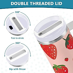 Jihqo Cute Strawberry 40 oz Stainless Steel Vacuum Insulated Tumbler with Handle and Straw Lid, Leakproof Water Bottle Double Wall Travel Mug Coffee Cup, Cupholder Friendly