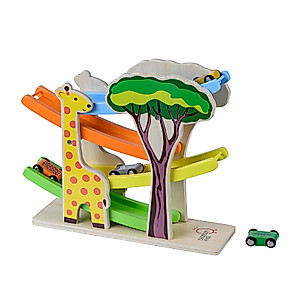 Teamson Kids Preschool Play Lab Wooden Safari Ramp Racer with Animal Print Cars, Multicolor