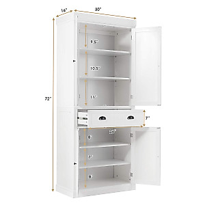 MAT EXPERT Kitchen Pantry Cupboard Cabinet, Storage Cabinet w/Drawers & Adjustable Shelves, 4-Door Wooden Storage Organizer for Kitchen (White)