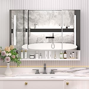 LGLRTD Bathroom Storage Cabinet - 39x28 inches Medicine Cabinets with Mirrors and LED Lights - Bathroom Storage Cabinet with Multilevel Storage Compartments (White)