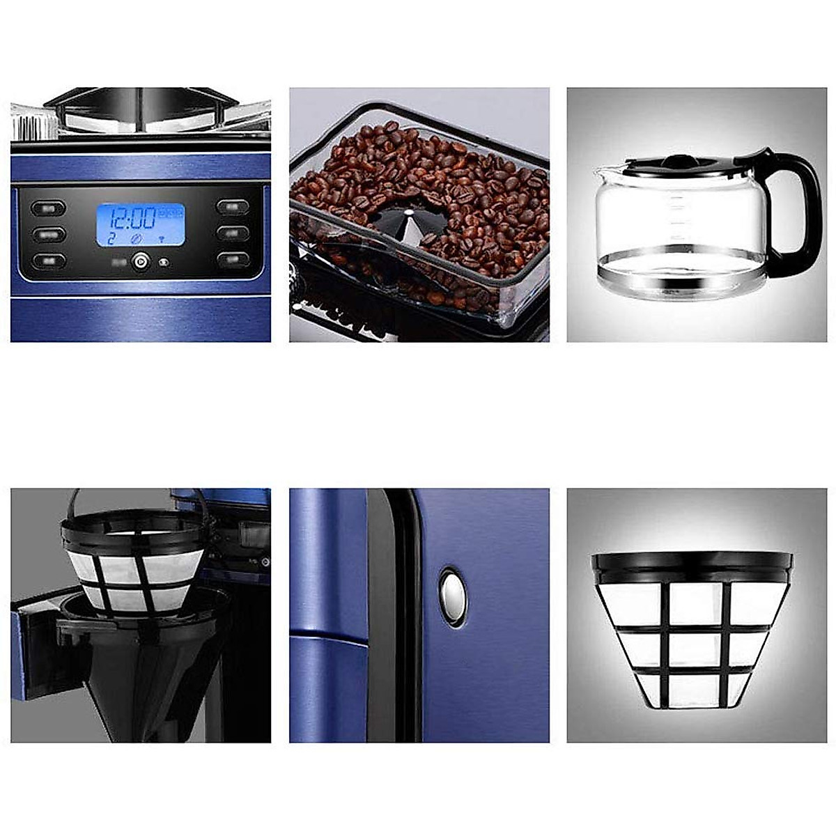 ROLTIN Coffee Machine Coffee Maker 2-12 Cup Programmable Coffee Machine with APP Control Pot Drip Coffee Maker with Timer And Thermal Pot Permanent Filter Coffee Maker Blue