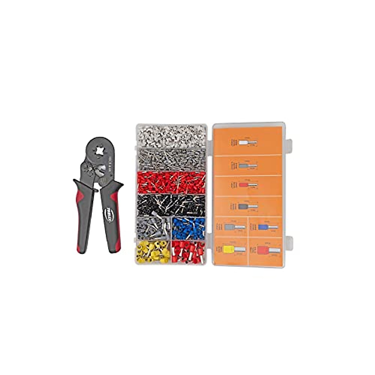N/C Toolex Ferrule Crimping Tool Kit Self Adjusting Ratchet Crimper Pliers with 1800 pcs AWG 23-7 Terminal Connectors for Wiring Project Black,Red