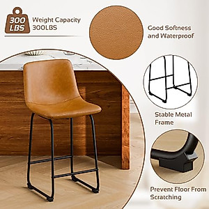 Aowos Bar Stools Set of 4, Modern Counter Height Bar Stools with Back, 26 inch Faux Leather Bar Stools with Metal Legs and Footrest, Urban Armless Dining Chairs for Kitchens Island (Brown)
