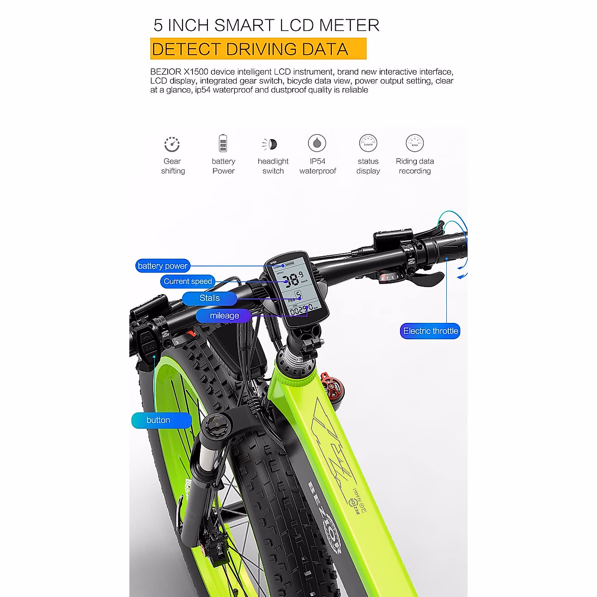 Fat Tire E Bike for Adults Big People 26" 48V 1500W 5 Speed Electric Motor 7 Speed Manual Gears LED Smart Meter Cruising Range 40-100Km Max Load 260KG Lithium Battery Electric Bicycles