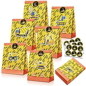 24 Packs Construction Party Favor Gift Bags with Thank You Label Stickers Dump Truck Candy Goodie Bags Construction Themed Gift Treat Bag for Kids Boy Birthday Baby Shower Party Supplies Decorations