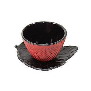 2 Sado Black Leaf Teacup Saucer+2 Red Polka Dot Hobnail Japanese Cast Iron Tea Cup Teacup