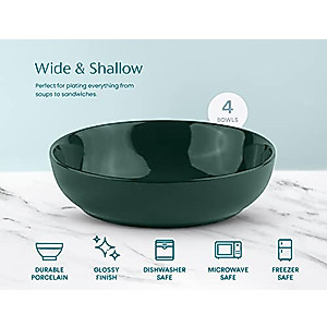 KooK Porcelain Pasta Bowl Set, For Soups and Salads, Serving Bowls, Large Capacity, Microwave & Dishwasher Safe, Set of 4, 40 oz (Hunter Green)