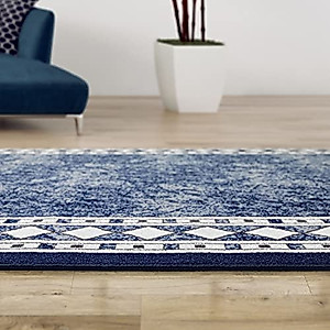 Antep Rugs Alfombras Modern Bordered 5x7 Non-Skid (Non-Slip) Low Profile Pile Rubber Backing Indoor Area Rugs (Navy Blue, 5' x 7')