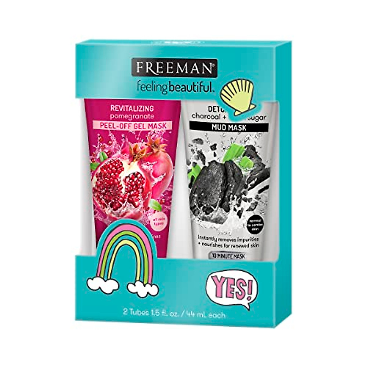 Freeman Limited Edition Pomegranate Peel-Off Facial Mask & Charcoal Black Sugar Mud Facial Mask Duo, Detoxifying, Removes Impurities & Hydrates Skin, Gift Set, 2 Count, 1.5 fl.oz./44 mL Tubes